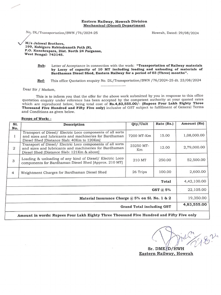 LOA Transportation Quotation BWN 2024 | PDF