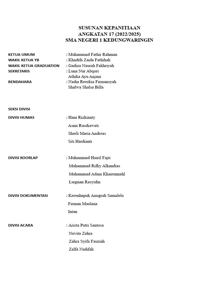 Susunan Kepanitiaan Angkatan 17 | PDF