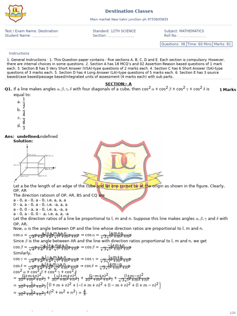 Destination-12TH SCIENCE-MATHEMATICS-Answersheet | PDF | Mathematical ...