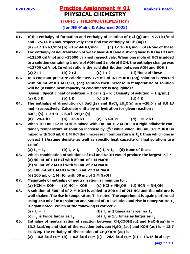 Assignment-01 Thermochemistry 250102 162203 | PDF | Enthalpy | Heat