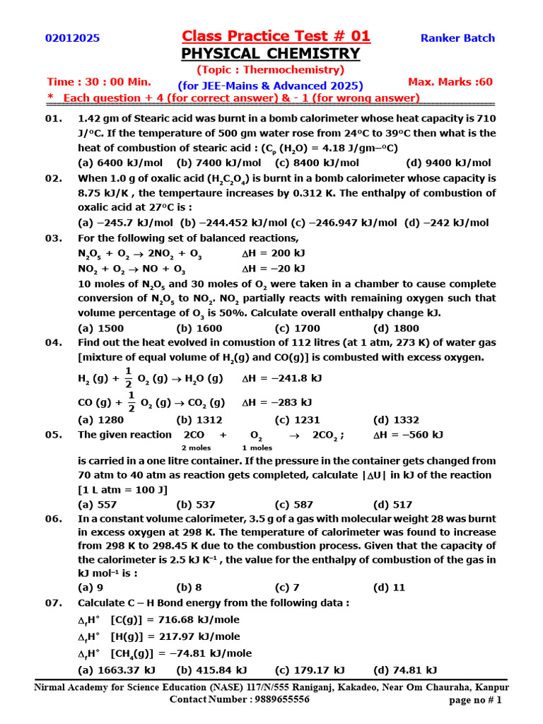 Class Practice Test-01 Thermochemistry - 250102 - 184838 | PDF ...