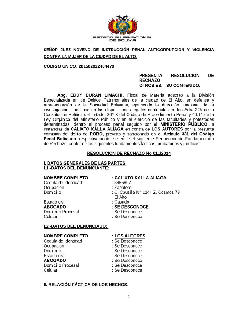 Resolución de Rechazo por Robo de Vehículo | PDF | Queja | Fiscal