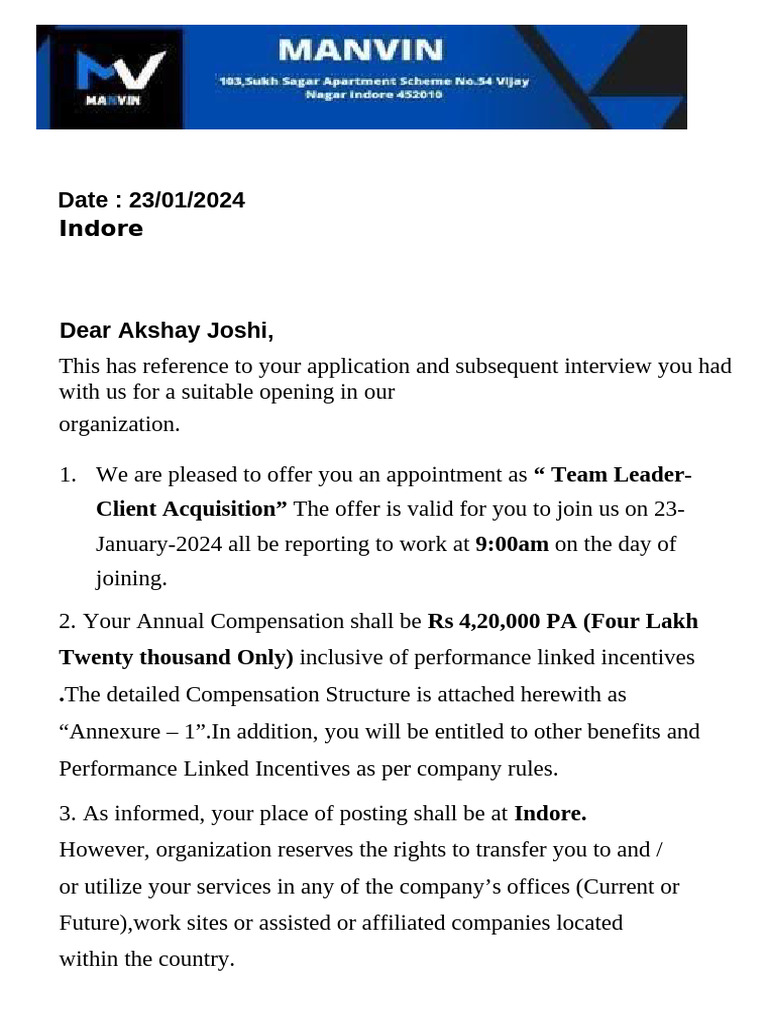 Offer Letter for Akshay Joshi | PDF | Identity Document | Government ...
