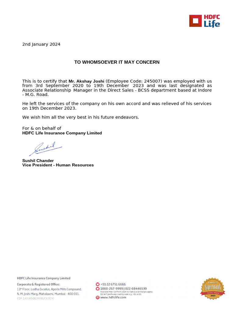 Relieving Letter - 20240102 | PDF