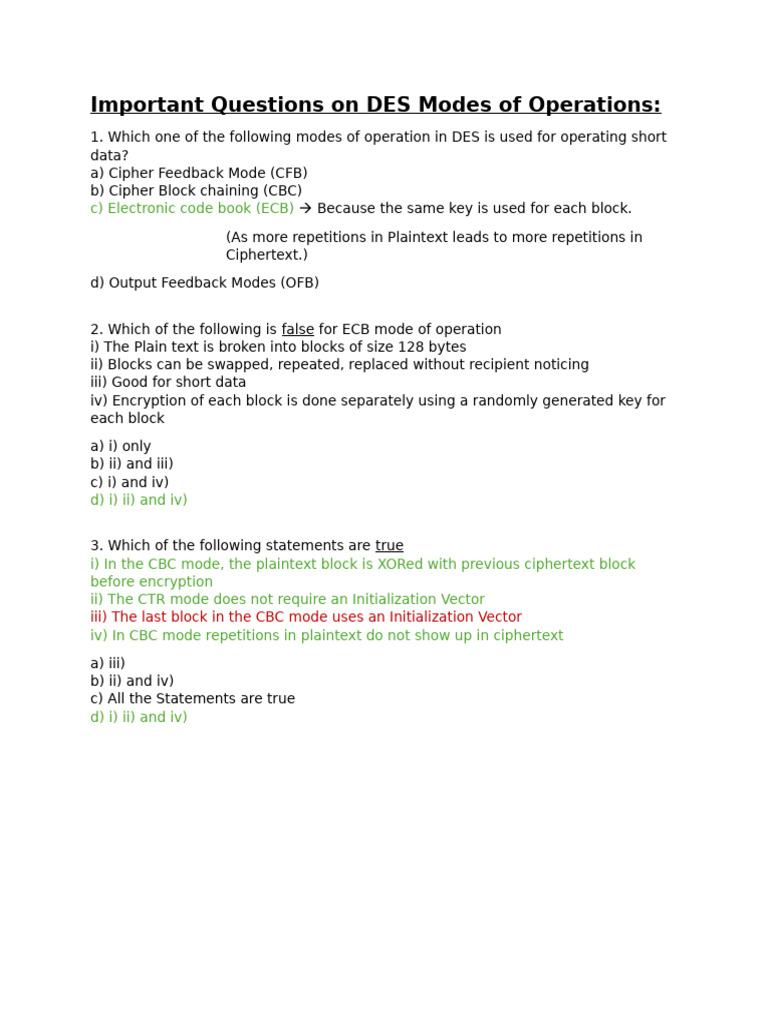 Important Questions On DES Modes of Operations | PDF | Secure Communication | Cryptography