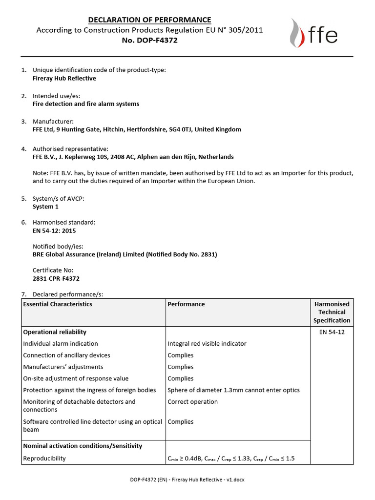 Fireray Hub Reflective DOP Compliance | PDF | Electrical Engineering ...