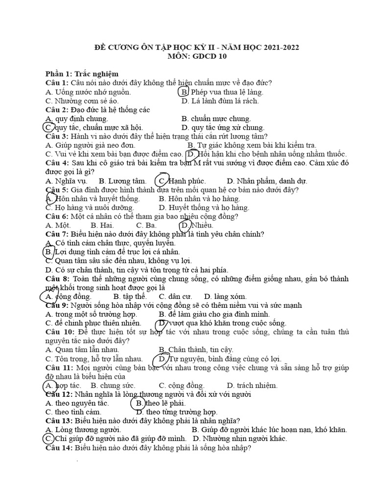 Đề Cương GDCD 10 - HK2 | PDF