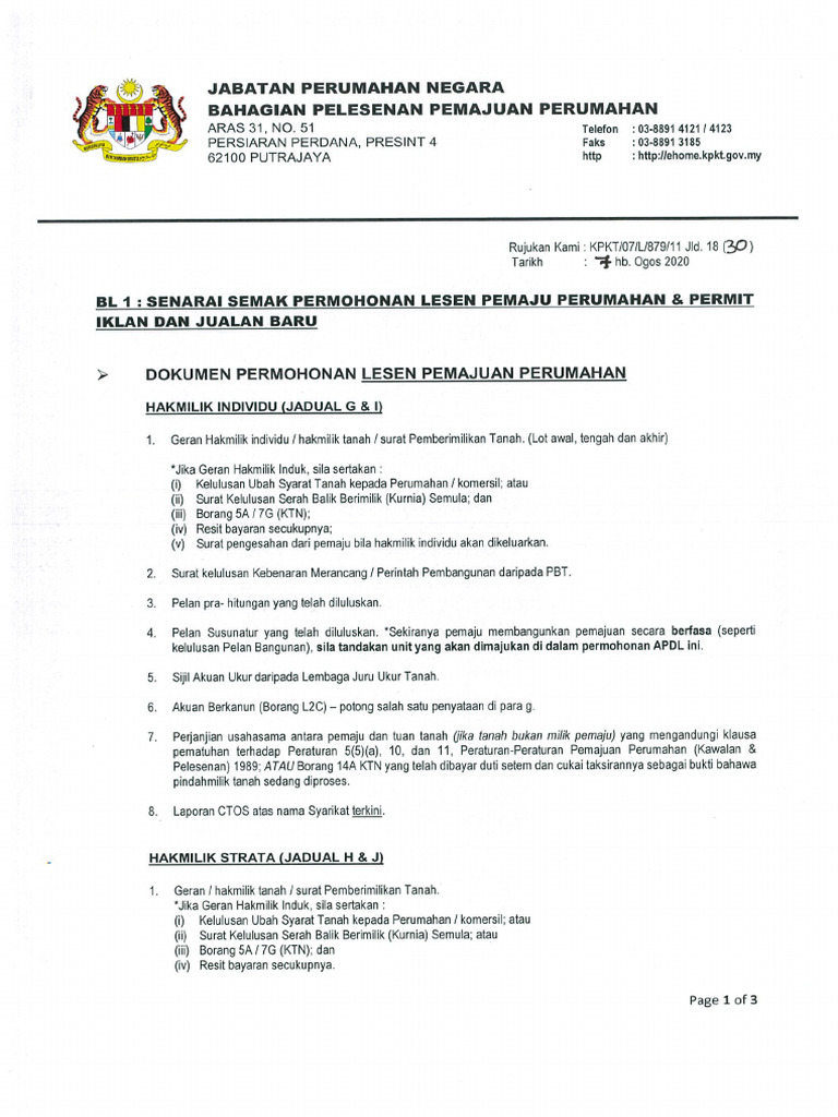 BL1 - Senarai Semak - Permohonan Apdl Baharu (2020) | PDF