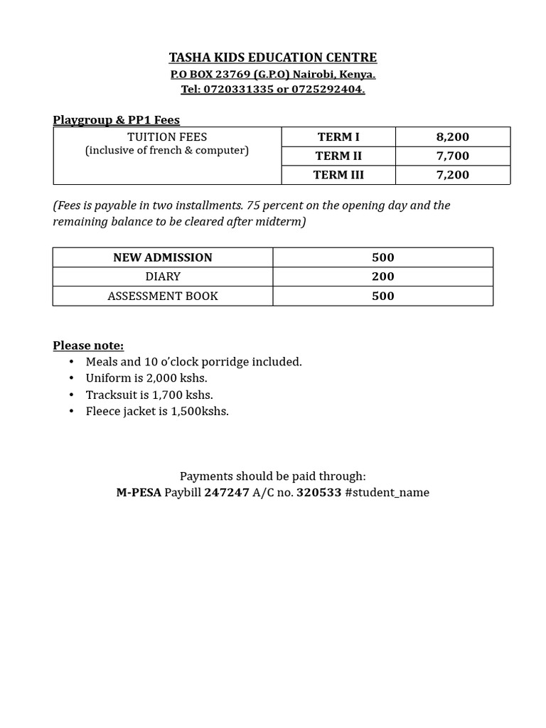 Playgroup & PP1 Fee Structure | PDF
