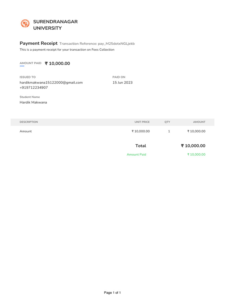 Surendranagar University Payment Receipt: Transaction Reference: Pay ...