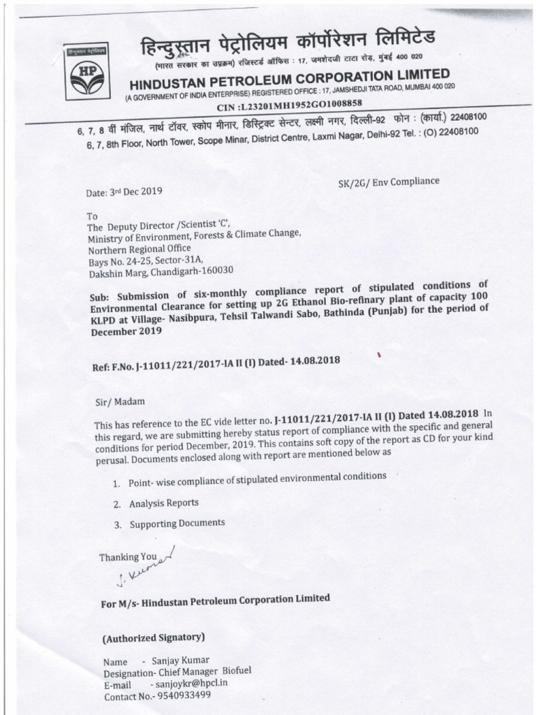 HPCL 2G Ethanol Bhatinda December 2019 Compliance | PDF | Particulates ...