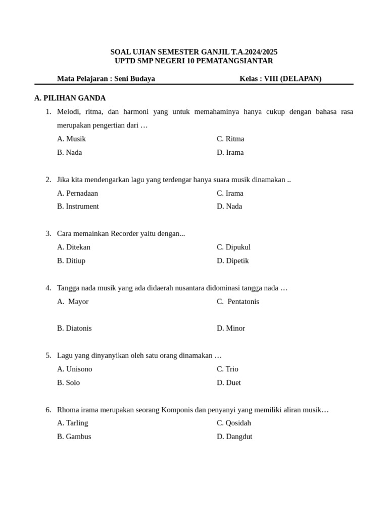 Soal Ujian Seni Budaya Kelas Viii | PDF
