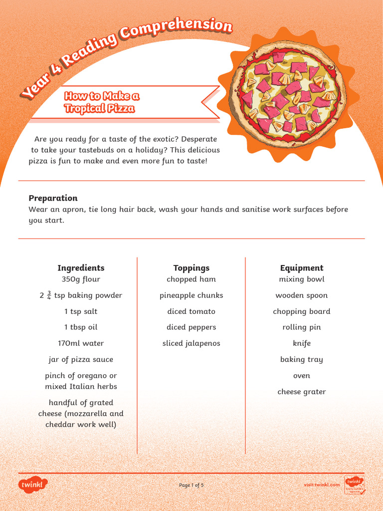 Year 4 Reading Comprehension - Recipe (Ages 8 - 9) | PDF | Pizza | Dough