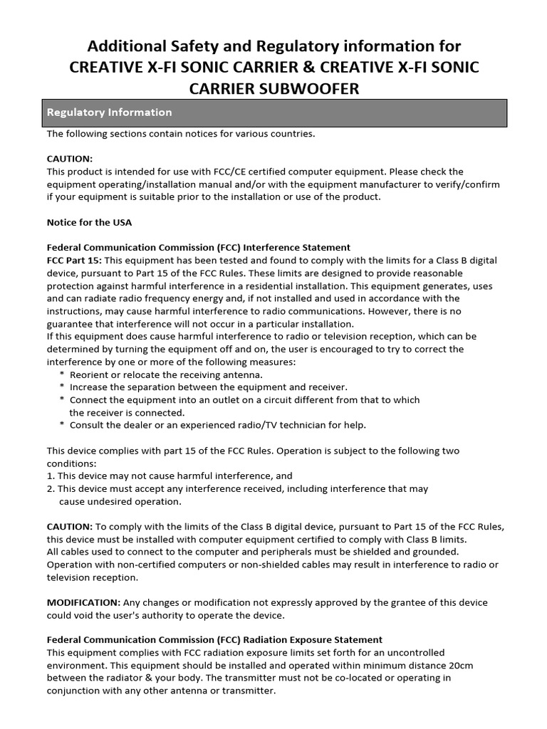 Creative X-Fi Sonic Carrier Safety Info | PDF | Transmitter ...