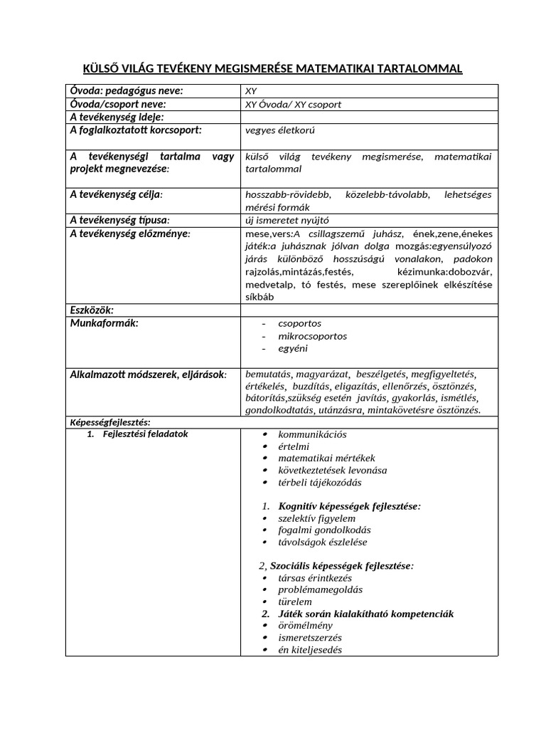 Foglalkozás Tervezet - Külső Világ Tevékeny Megismerése Matematikai Tartalommal | PDF