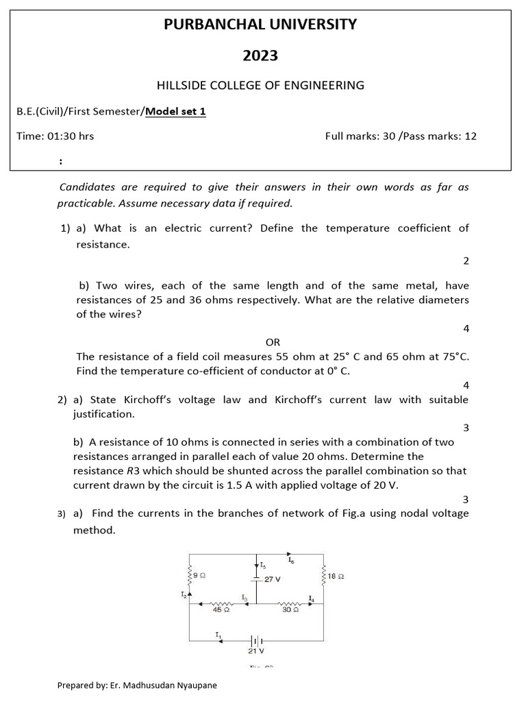 Basic Electrical Engineering Exam Questions | PDF | Electrical ...
