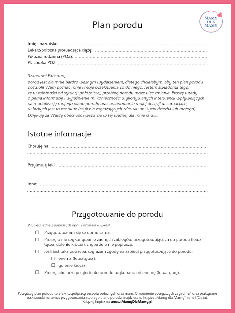 Mamy Dla Mamy - PLAN PORODU - Gotowy Wzór | PDF