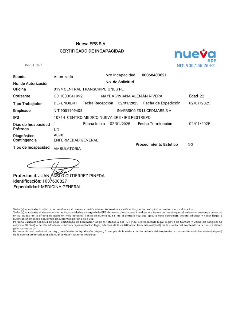 Nueva Eps S.A 2025-01-02 Mayda Viviana Alemán Rivera | PDF