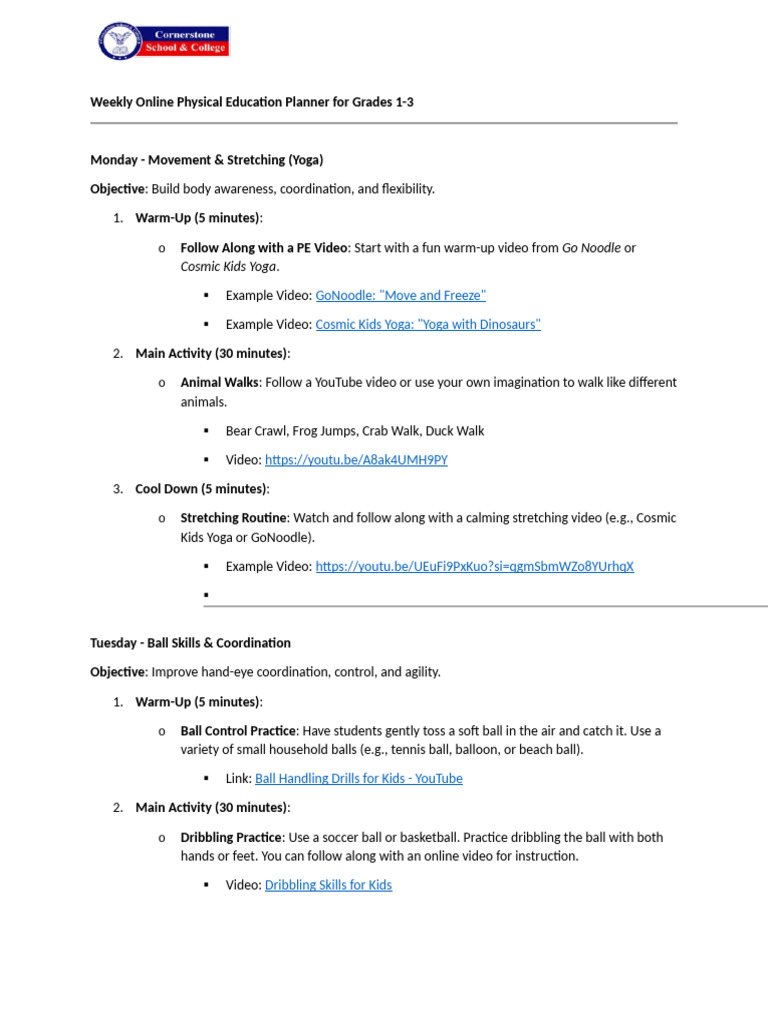 Weekly Online Physical Education Planner For Grades 1 | PDF | Physical ...
