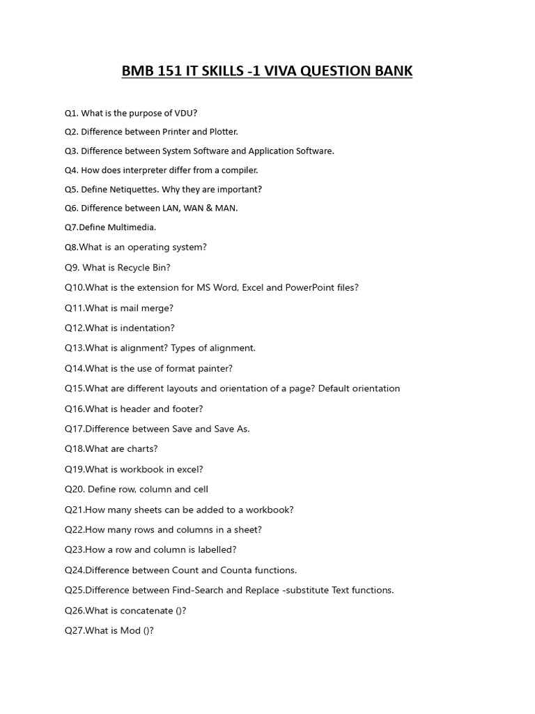 Viva Question Bank KMBN151 It Skills | PDF