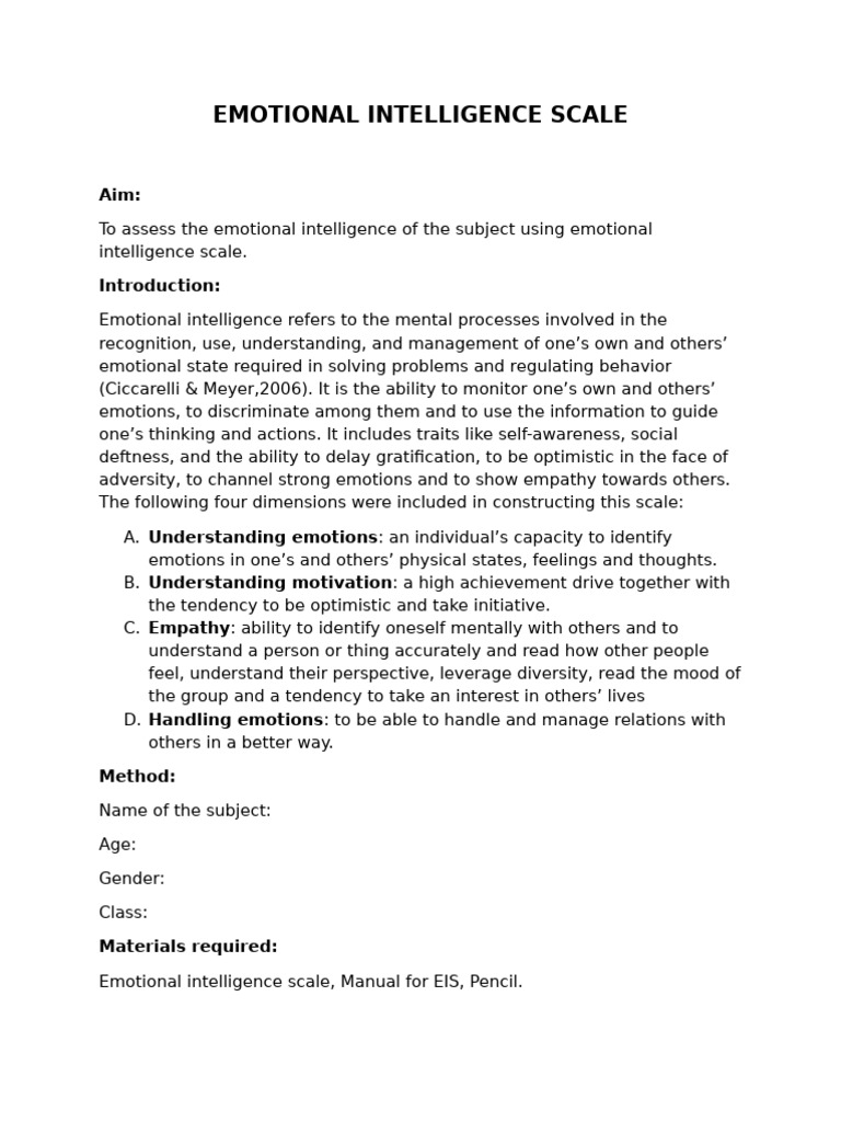 Emotional Intelligence Scale | PDF | Emotional Intelligence | Intelligence