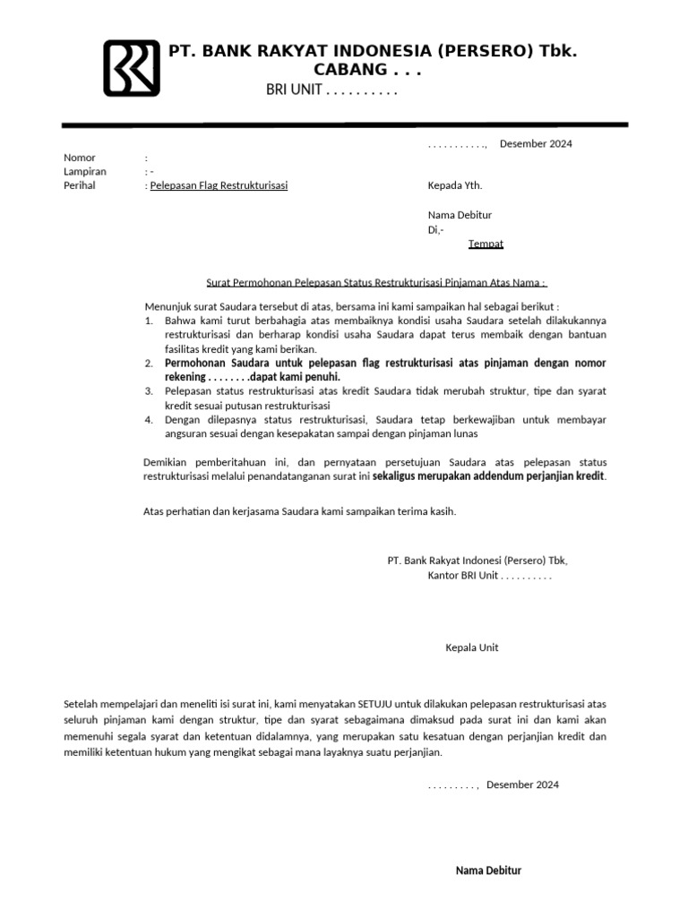 Contoh Surat Unflag Restruk (Adendum) | PDF