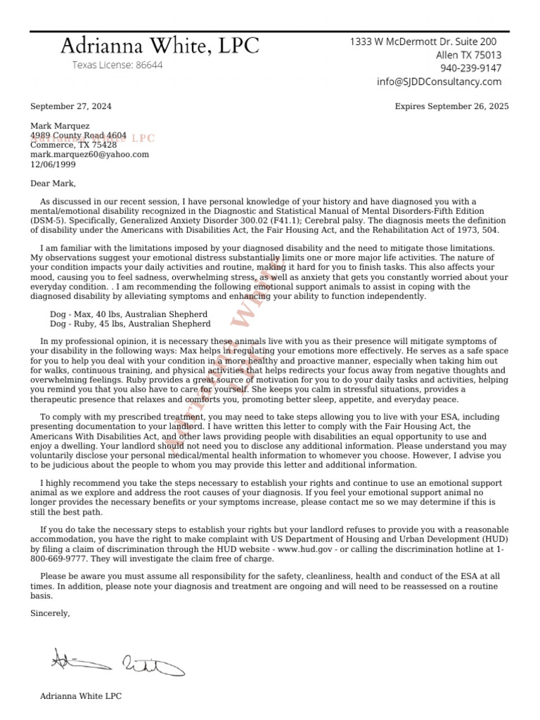 Texas ESA Letter for Multiple Dogs | PDF | Behavioural Sciences ...