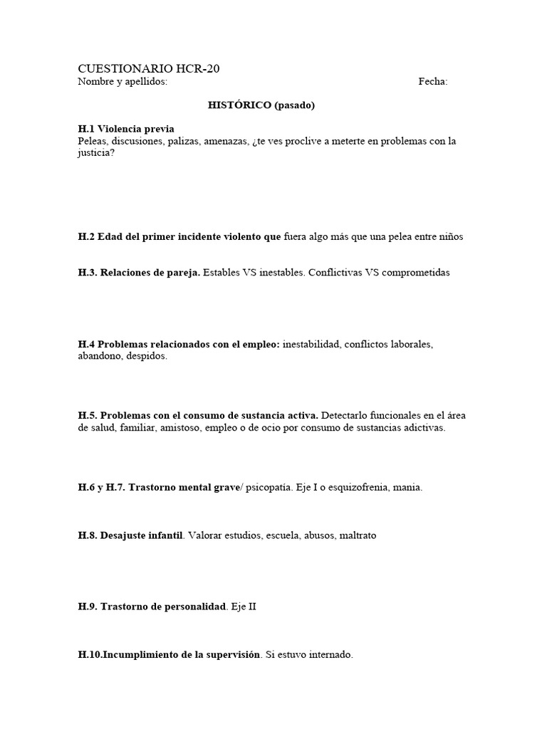 CUESTIO HCR-20 | PDF | Trastorno mental | Estrés (biología)