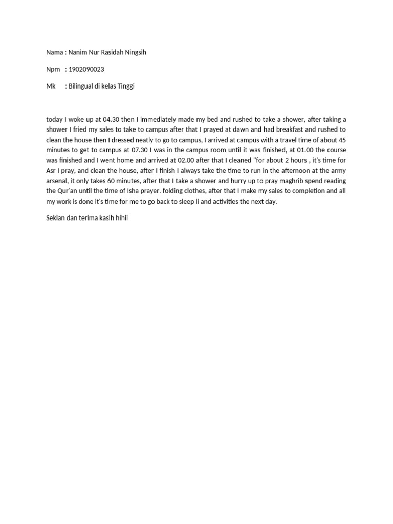 Daily Routine of Nanim Nur Rasidah | PDF