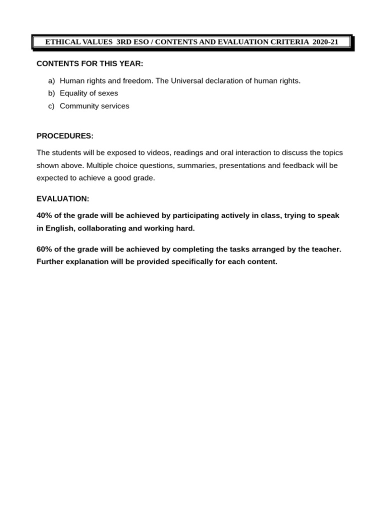 Ethical Values 2021 Contents and Evaluation-2-2 | PDF