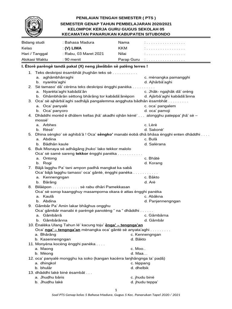 KLS 5 Soal PTS B.madura Semester 2 2020-2021 | PDF