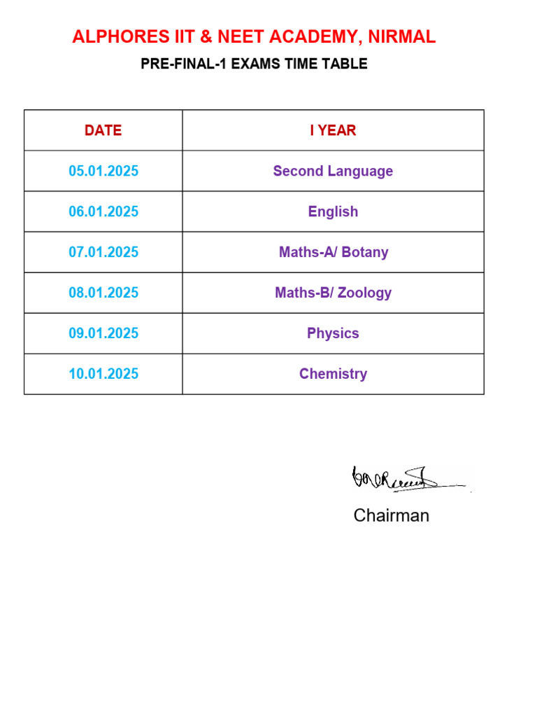 Pre-final-1 Exam Time Table 2024-25 Boys Campus | PDF