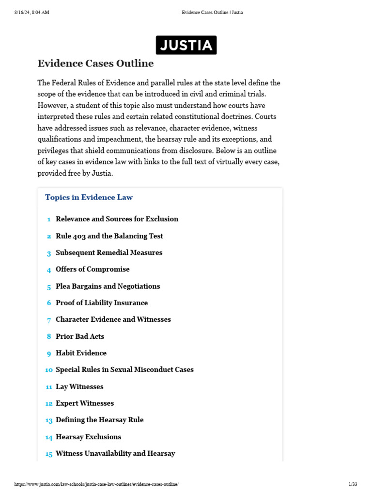 Evidence Cases Outline - Justia | PDF | Expert Witness | Hearsay