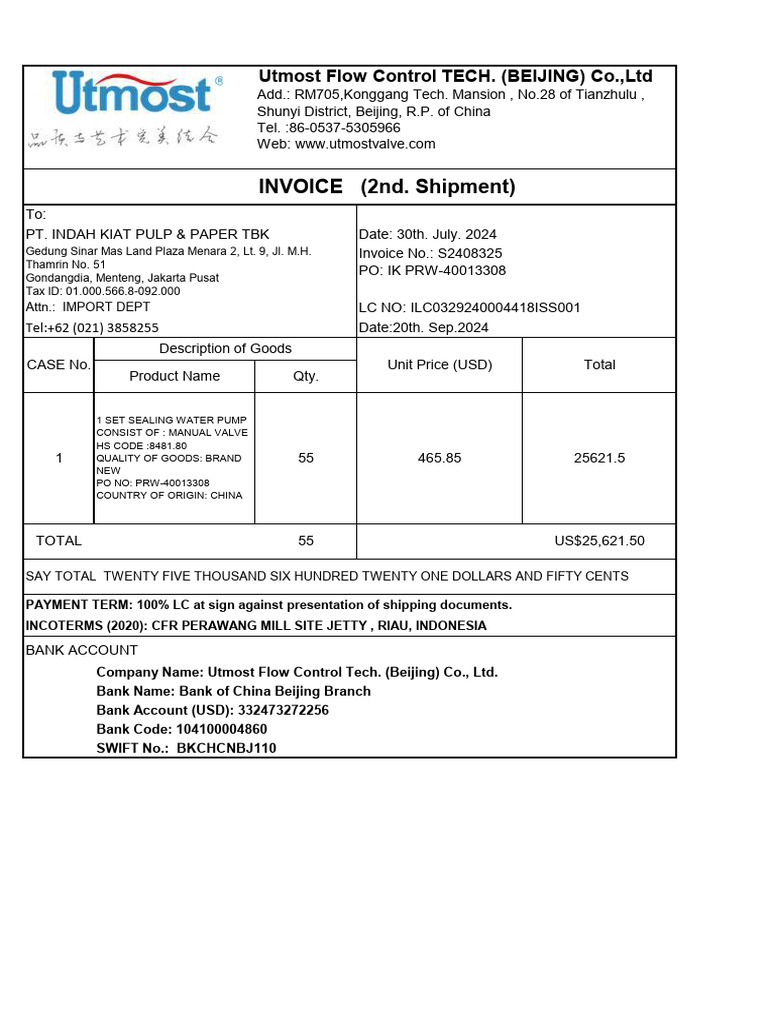 Invoice for Sealing Water Pump Shipment | PDF