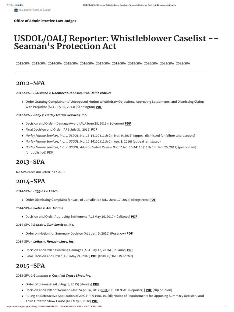 USDOL_OALJ Reporter_ Whistleblower Caselist -- Seaman's Protection Act ...