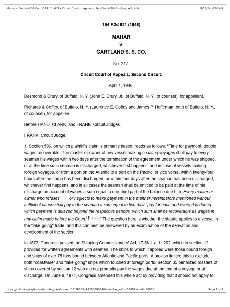 Mahar v. Gartland SS Co., 154 F. 2d 621 - Circuit Court of Appeals, 2nd Circuit 1946 - Google ...
