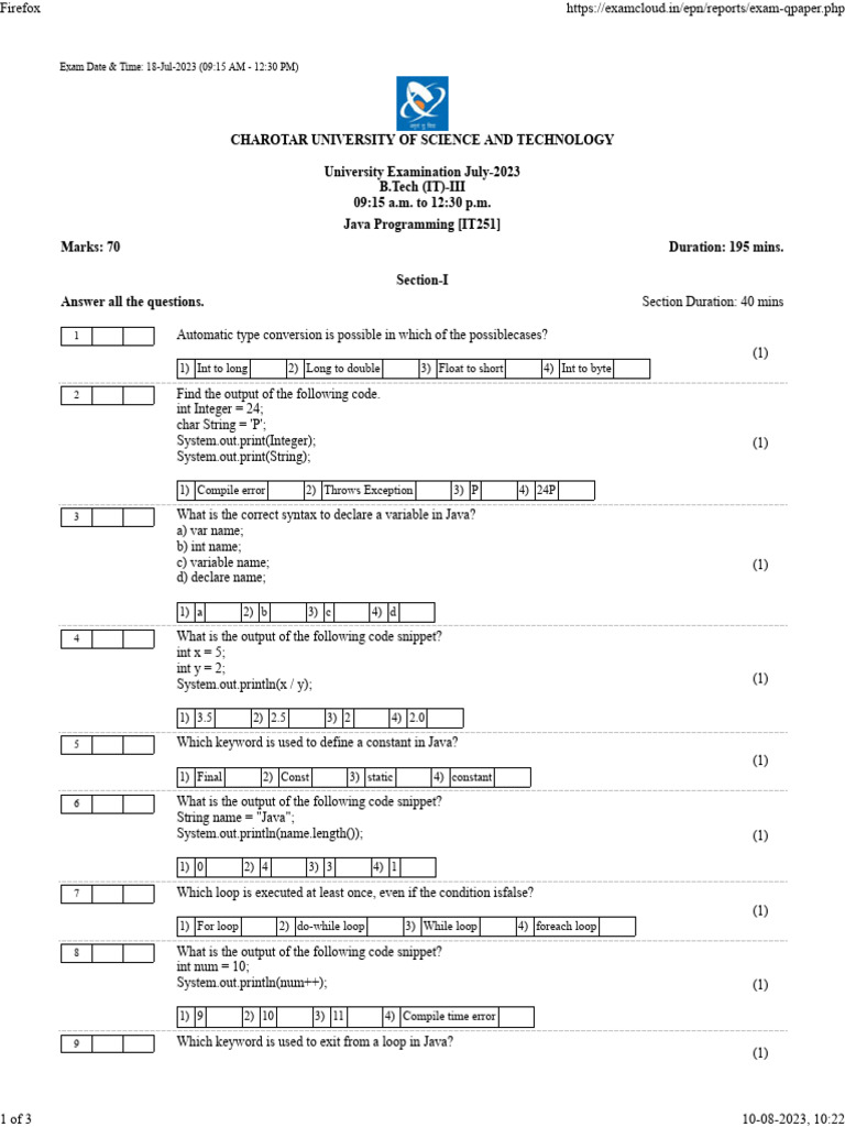 Java Exam for B.Tech IT Students | PDF | Class (Computer Programming ...