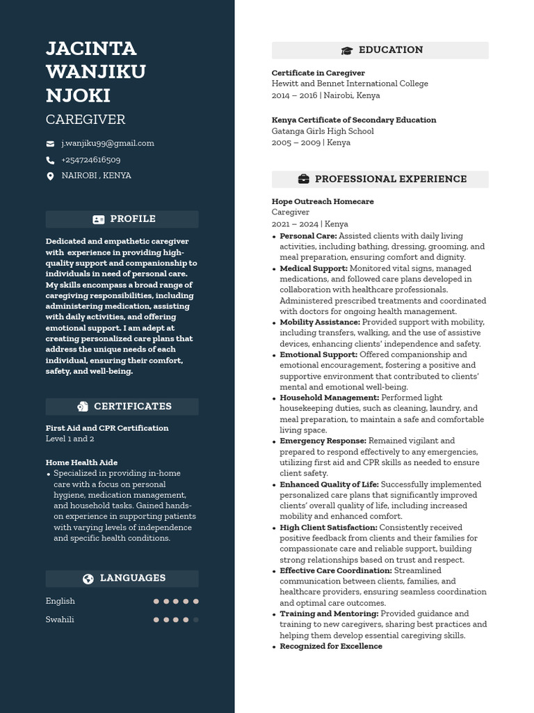 JACINTA WANJIKU NJOKI Resume | PDF | Caregiver | Health Care