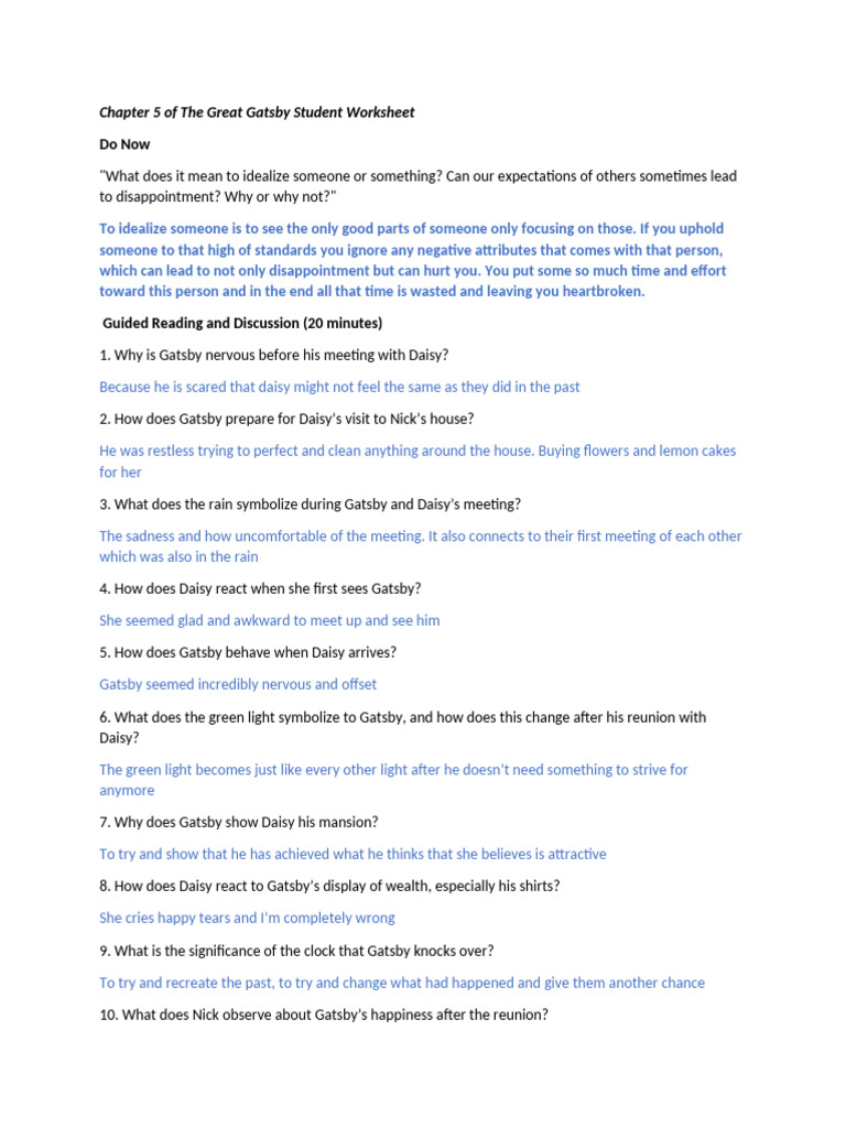 Chapter 5 of The Great Gatsby Student Worksheet | PDF | The Great ...