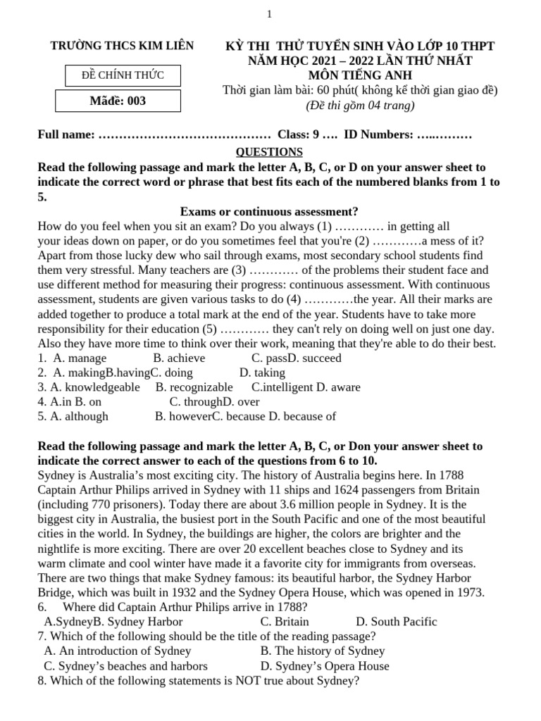 Cac de luyen thi (1) | PDF | Sydney