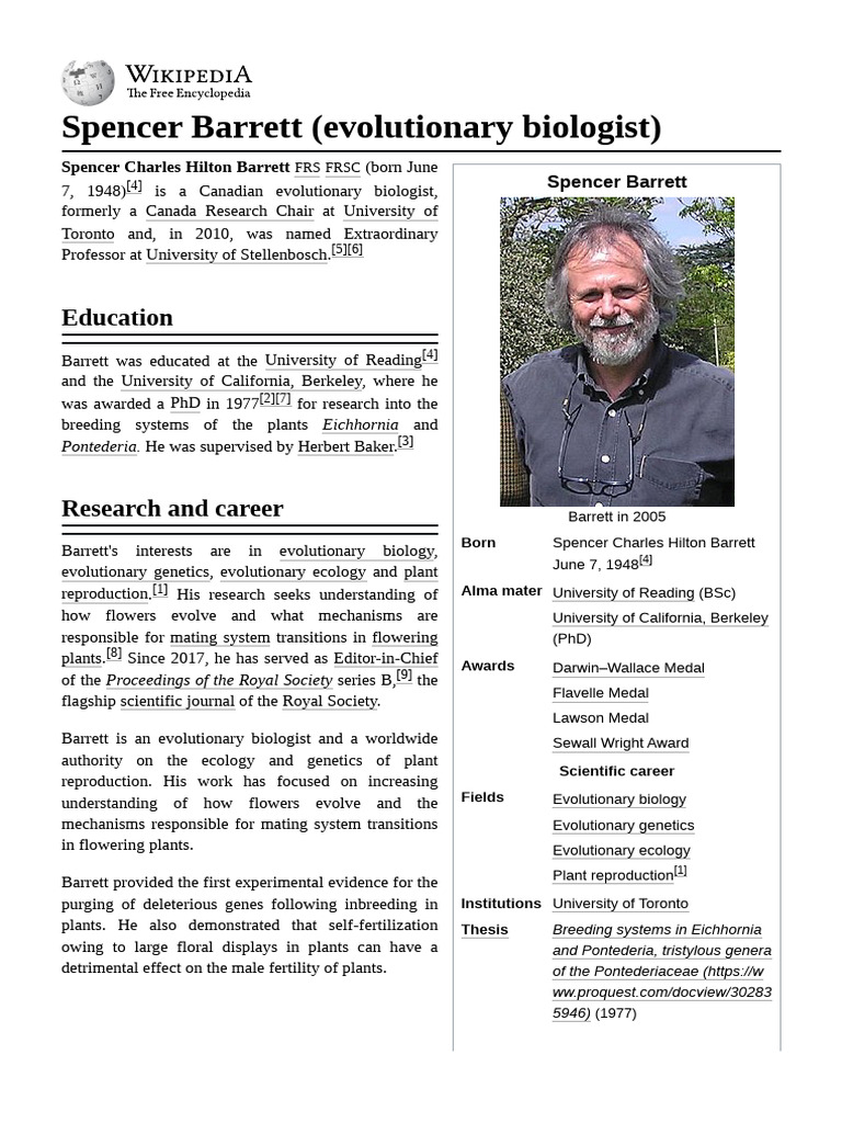 Spencer Barrett (Evolutionary Biologist) | PDF | Biological Evolution ...