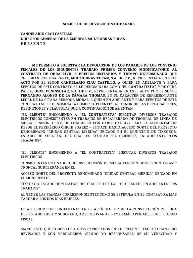 Solicitud Devolución Pagarés | PDF