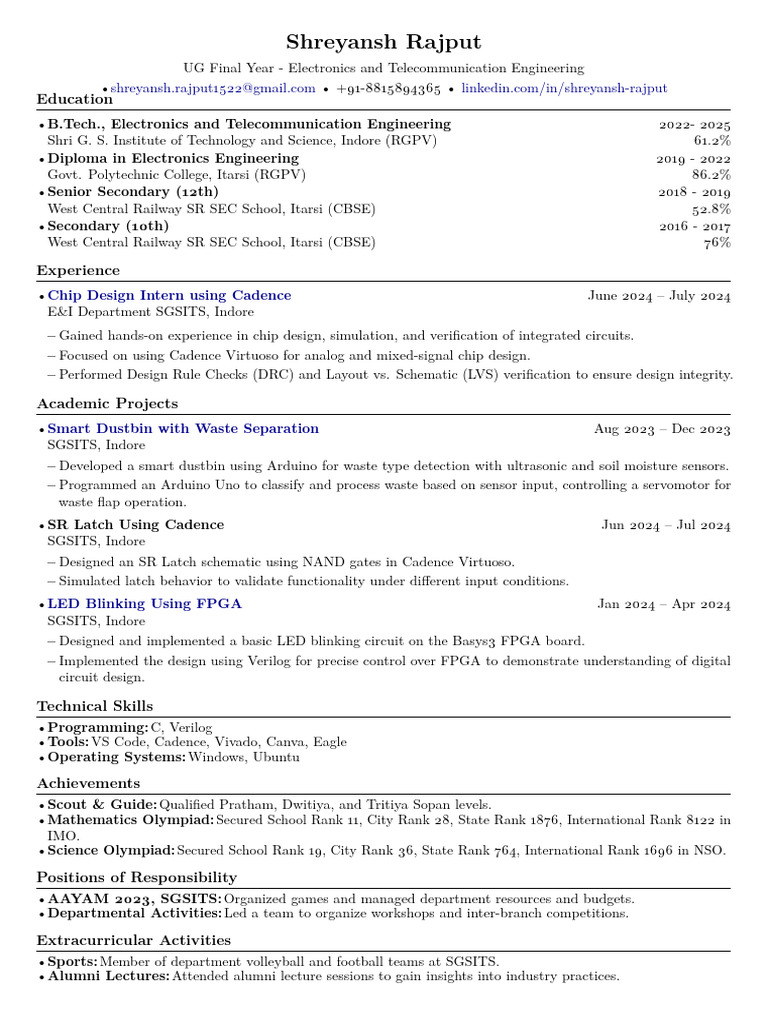 Shreyansh Rajput Resume | PDF | Computer Engineering | Electronics