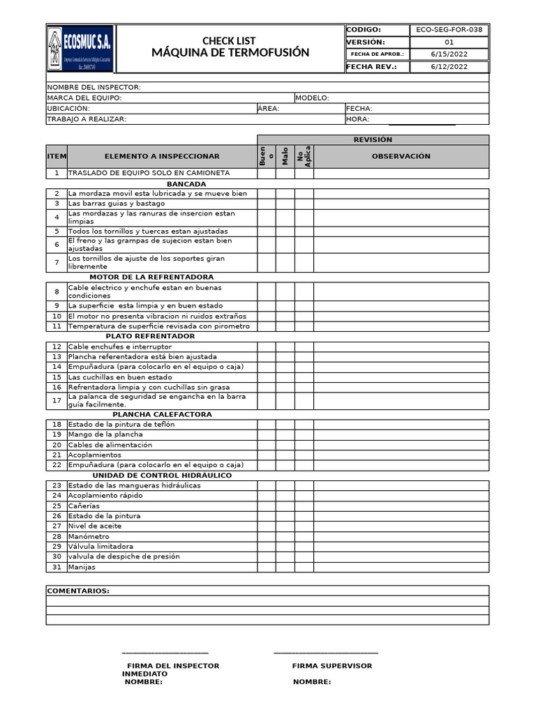 Check List Termofusión | PDF