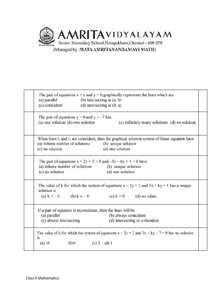 Class X Math: Linear Equations Quiz | PDF