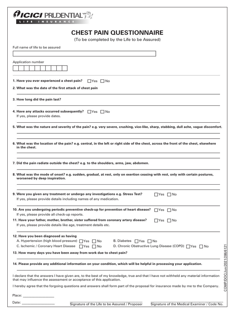 Chest Pain Questionnaire | PDF | Pain | Thorax