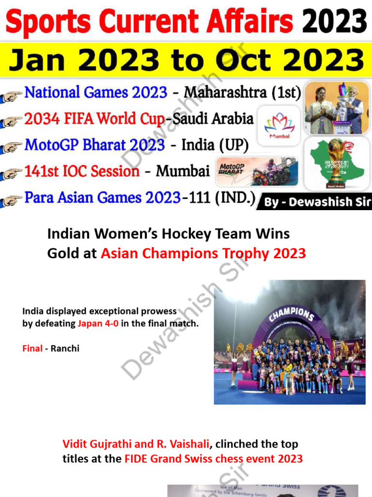 Sports Current Affairs 2023 Jan To October 2023 | PDF | Olympic Games ...