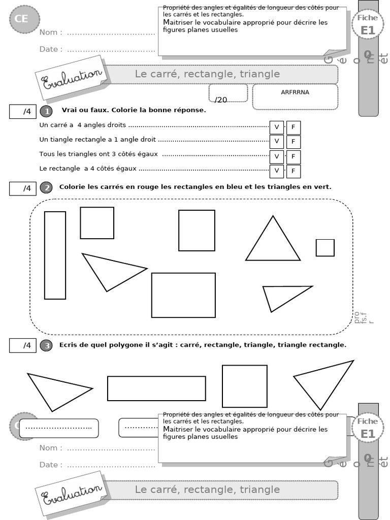 Évaluation des figures géométriques CE1 | PDF | Triangle | Polygone
