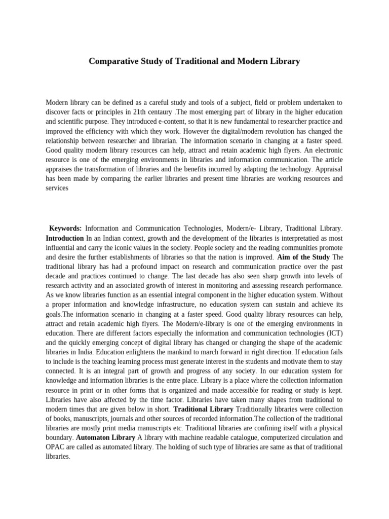 2 Comparative Study of Traditional and Modern Library | PDF | Libraries | Digital Library
