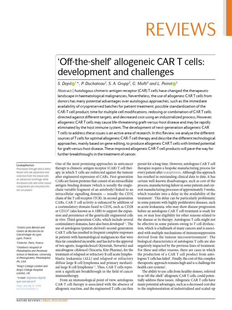 2020-R-Off-the-shelf Allogeneic CAR T Cells, Development and Challenges | PDF | Major ...